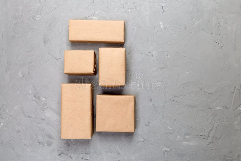 Cardboard Box on Gray Cement Background, Brown Mail Package Top View ...