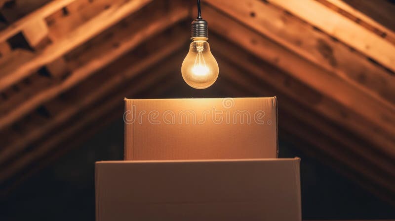Cardboard Box Illuminated by Hanging Light Bulb in Attic Stock ...