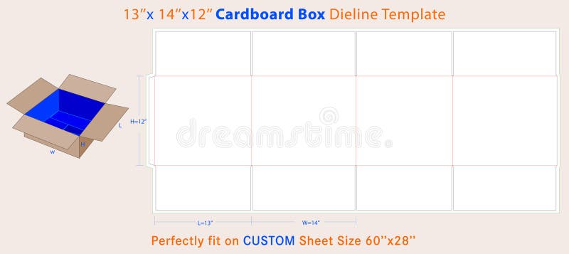 Cardboard Box in Medium Size 13 X 14 X 12 Inches Dieline Template Stock ...