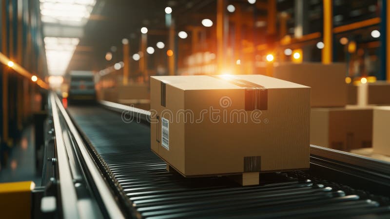 A Cardboard Box Moves Along a Conveyor Belt in a Warehouse Representing ...