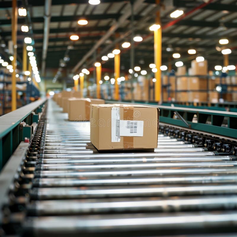 Cardboard Box Moving Along Conveyor Belt in Warehouse Stock ...