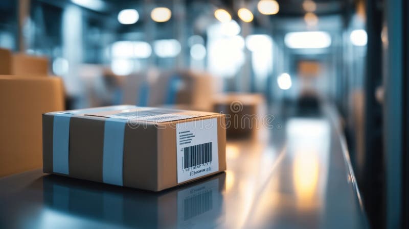 Cardboard Box Moving on Conveyor Belt in Distribution Warehouse Stock ...