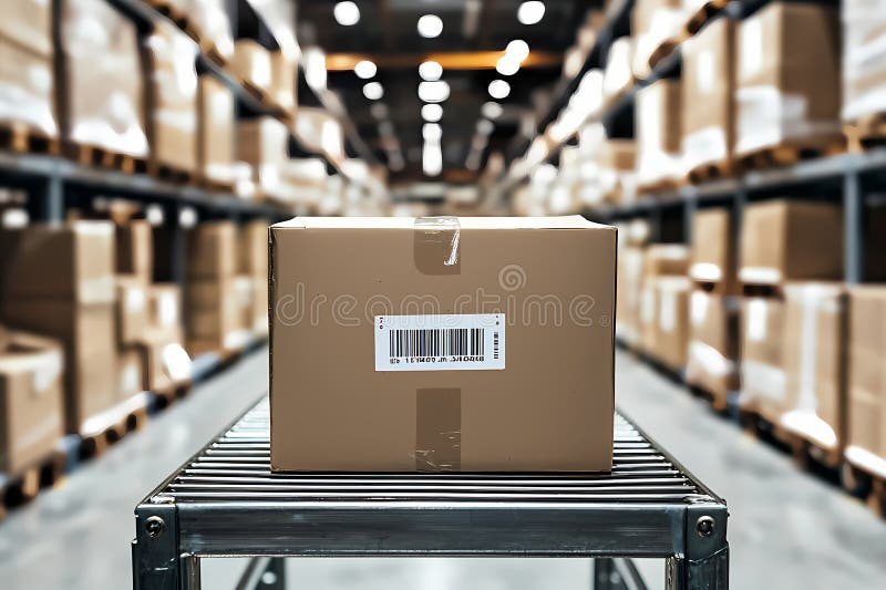 Cardboard Box Moving on Conveyor Belt in Distribution Warehouse Stock ...