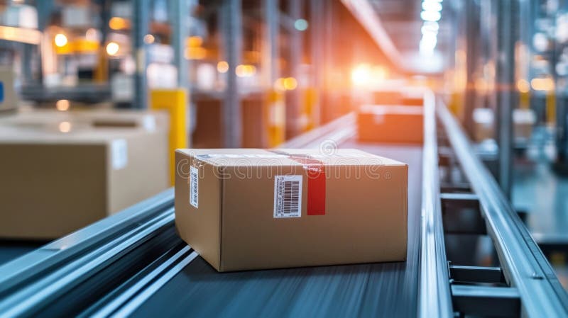 Cardboard Box Moving on Conveyor Belt in Distribution Warehouse Stock ...