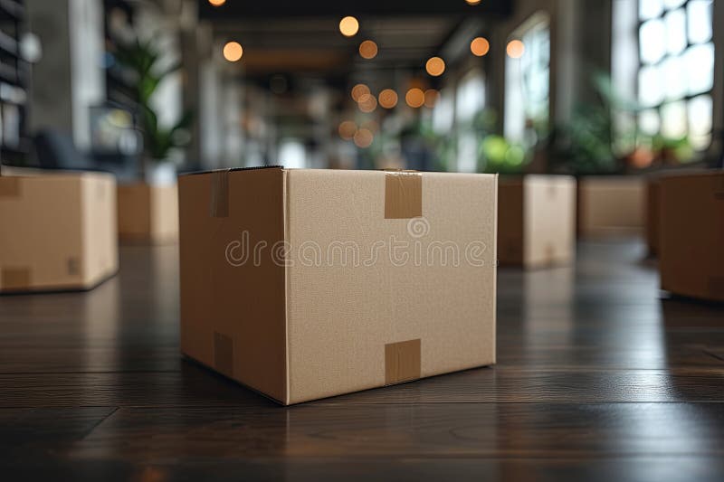 Cardboard Box for Moving Office is Sitting on a Wooden Floor Stock ...