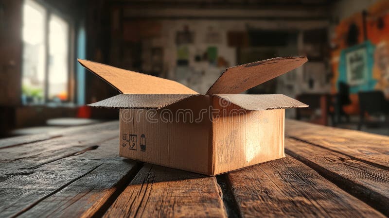 A Cardboard Box, Open and Awaiting Its Purpose, Rests on a Wooden ...