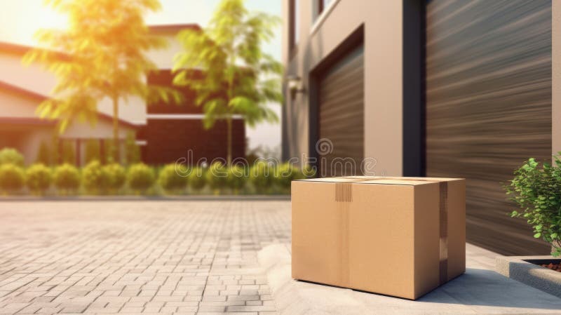 Cardboard Box Package in Front on Door House, Delivery Transport ...