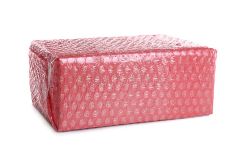 Cardboard Box Packed in Red Bubble Wrap Isolated on White Stock Photo ...