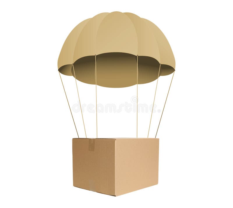 Cardboard Box with Parachute Flying on White Background Stock Photo ...