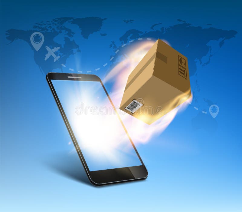 Cardboard Box or Parcel Flying from the Smartphone Screen Stock Vector ...