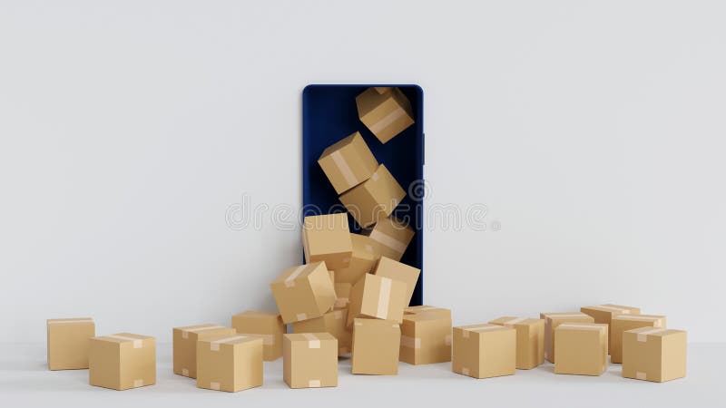 Cardboard Box Parcel Overflow from Smartphone Display, Online Delivery ...