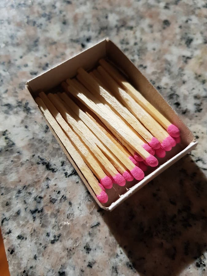Cardboard Box with Pink Matches on a Grey Granite Table Stock Image ...