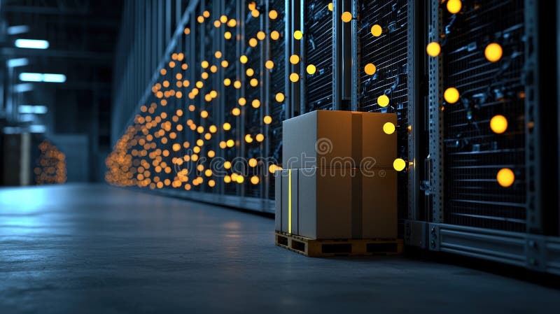 A Cardboard Box Placed on a Pallet in a Modern Server Room Filled with ...