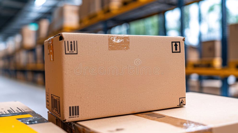Cardboard Box is Placed on Stack of Packages in Warehouse, Showcasing ...