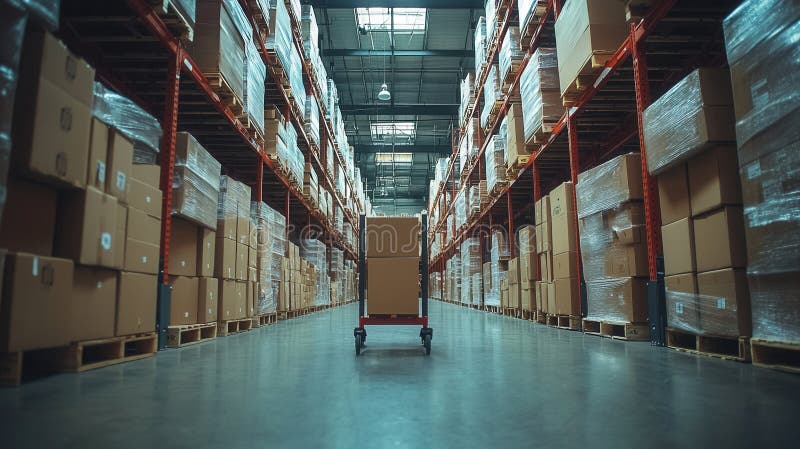 Cardboard Box Placed on a Trolley in the Center of a Large Warehouse ...