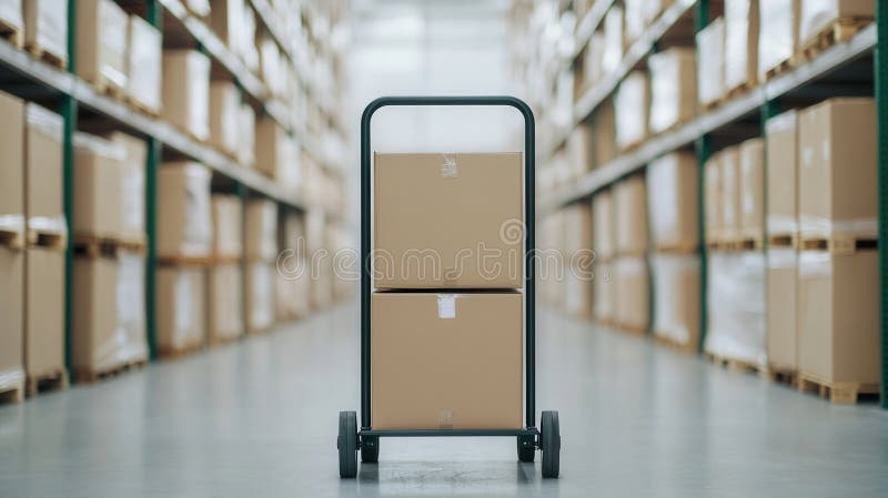 Cardboard Box Placed on a Trolley in the Center of a Large Warehouse ...