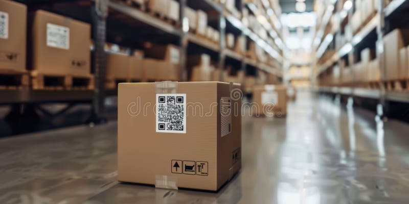 Stacked Cardboard Boxes with QR Code on Pallet in Warehouse Aisle Stock Image - Image of storage ...