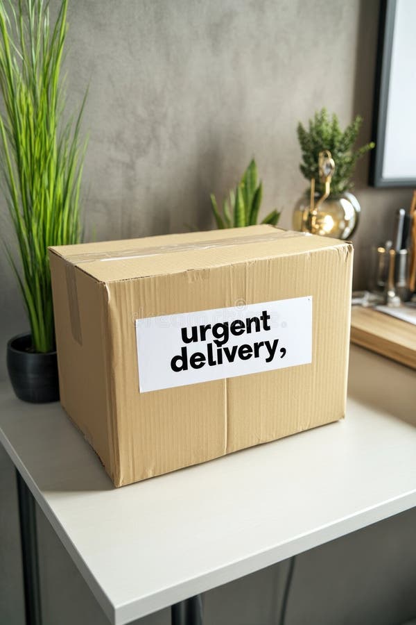 Cardboard Box Ready for Urgent Delivery Sitting on Office Desk Stock Image - Image of office ...