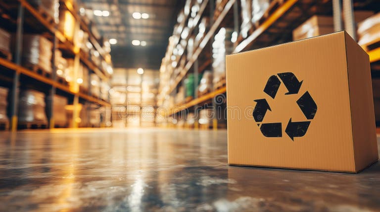 Cardboard Box with Recycling Symbol in Distribution Warehouse Stock ...