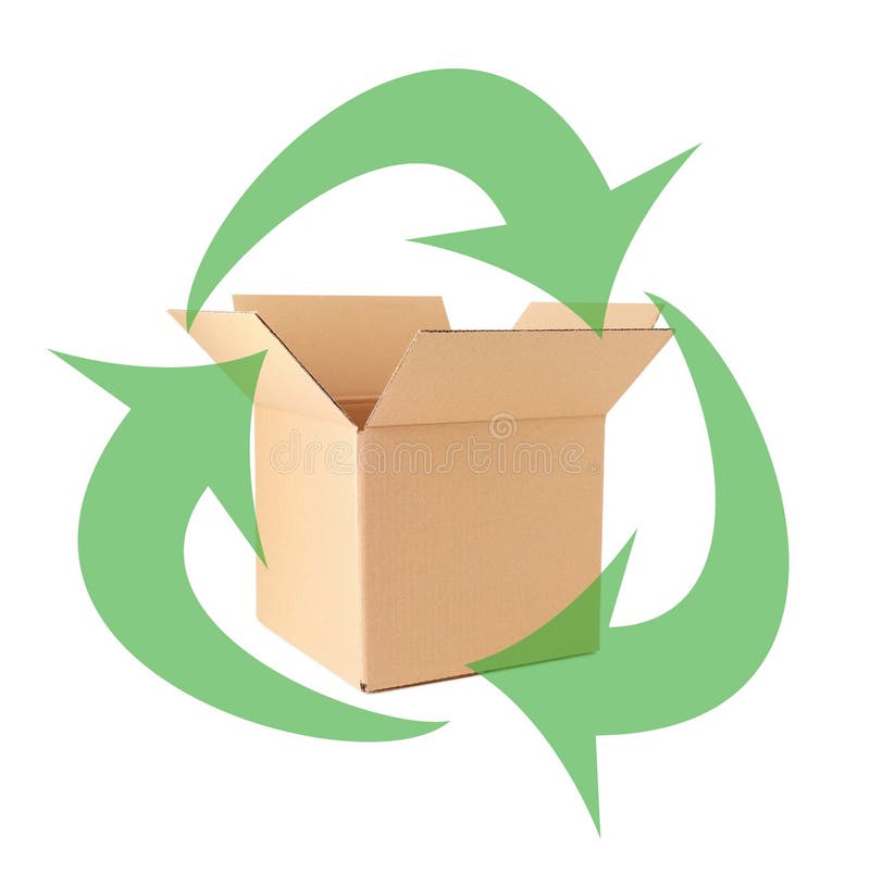 Cardboard Box and Recycling Symbol on White Background Stock ...