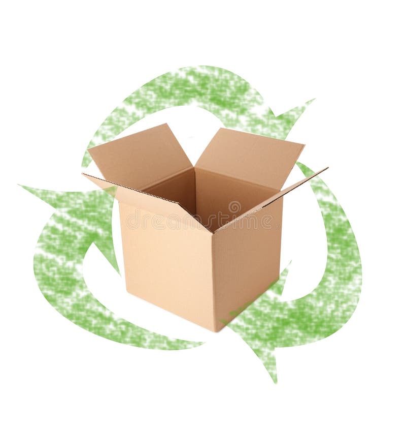 Cardboard Box and Recycling Symbol on White Background Stock Photo ...