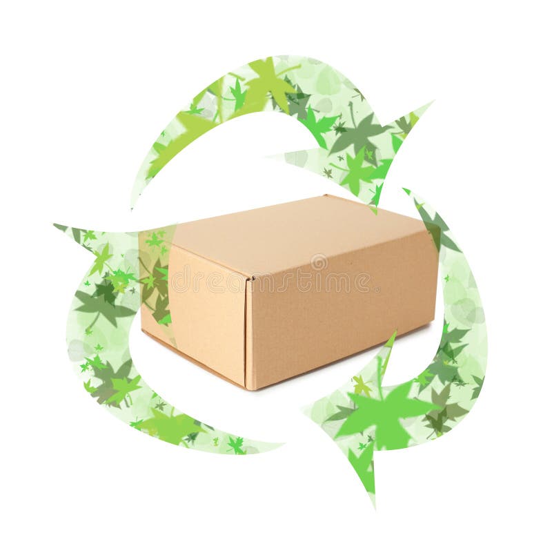 Cardboard Box and Recycling Symbol on White Background Stock ...