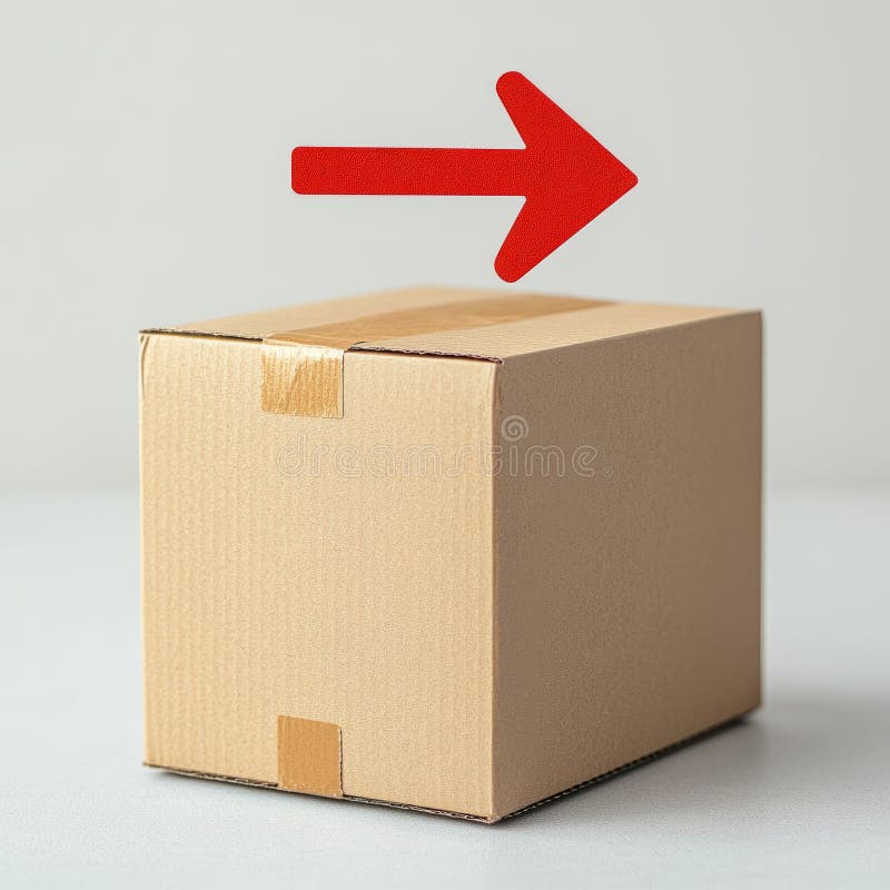 Cardboard Box with a Red Directional Arrow on a Plain Background. Stock ...