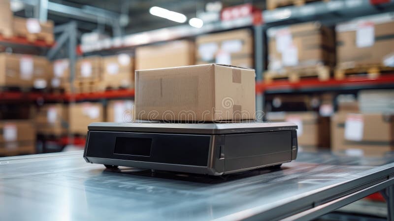A Cardboard Box on a Scale in a Warehouse Setting. Stock Image - Image ...