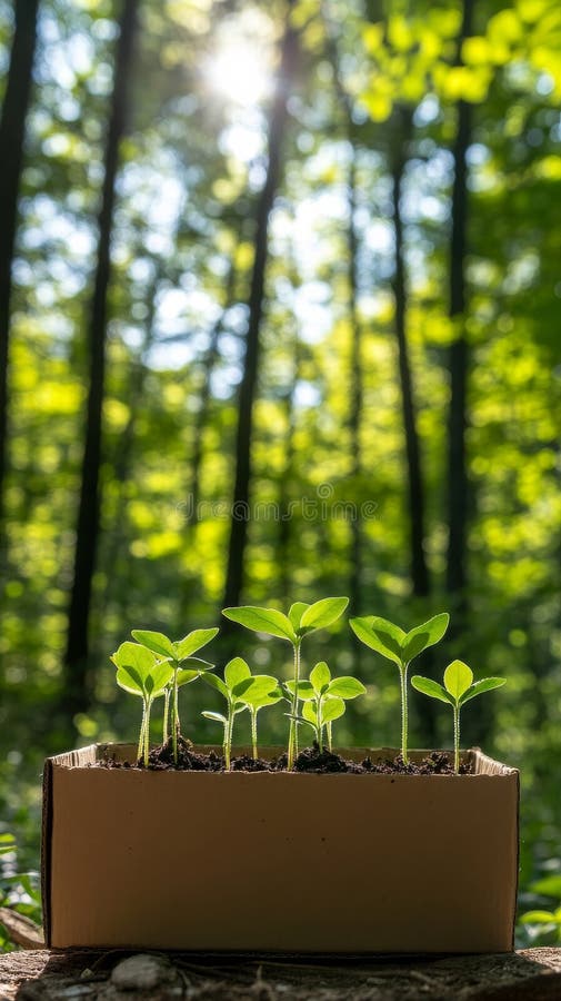 Cardboard Box with Seedlings in a Sunlit Forest, Ecological Growth ...