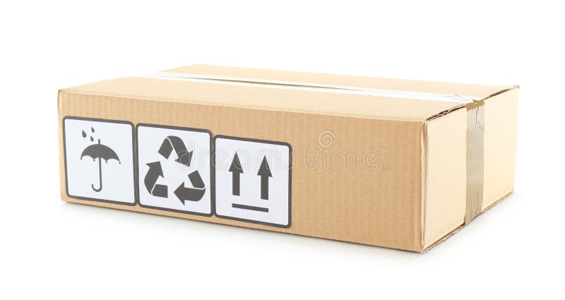 Cardboard Box with Shipping Label Isolated on White Stock Image - Image ...