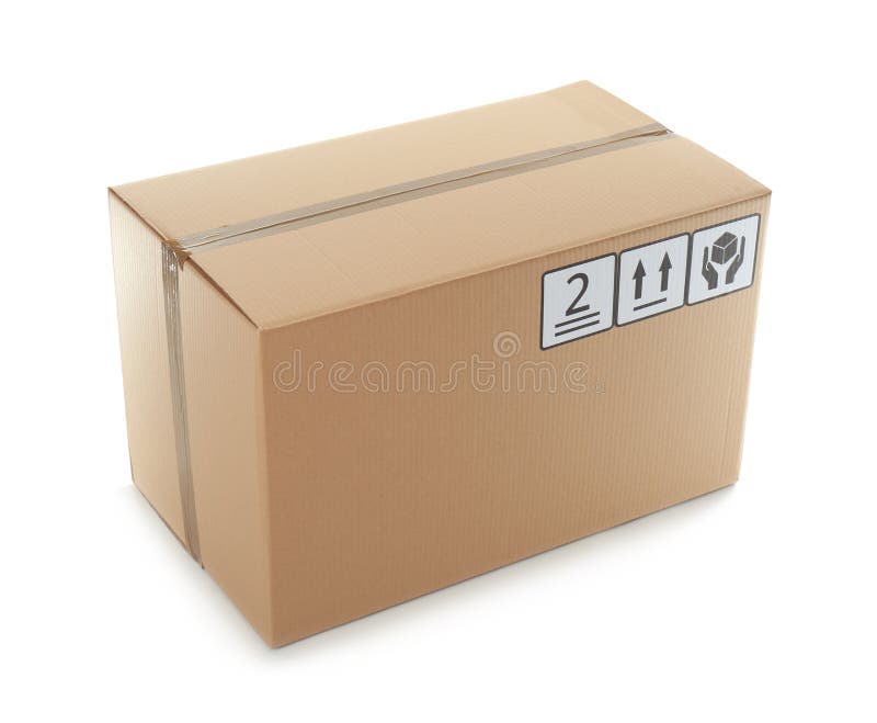 Cardboard Box with Shipping Label Isolated on White Stock Image - Image ...
