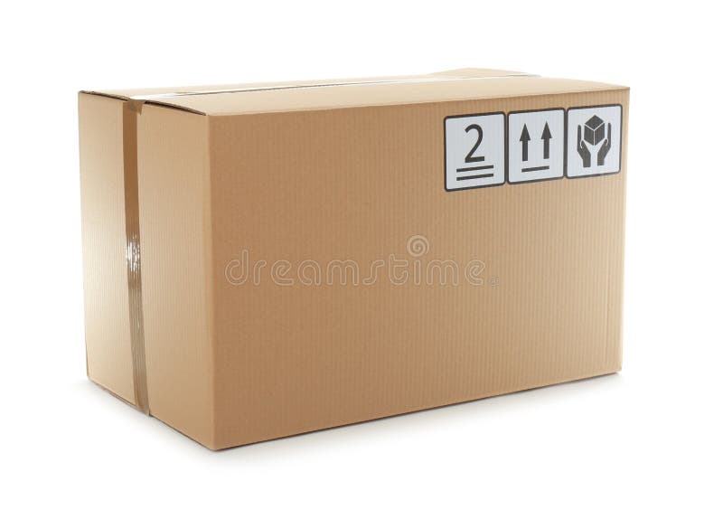 Cardboard Box with Shipping Label Isolated on White Stock Photo - Image ...