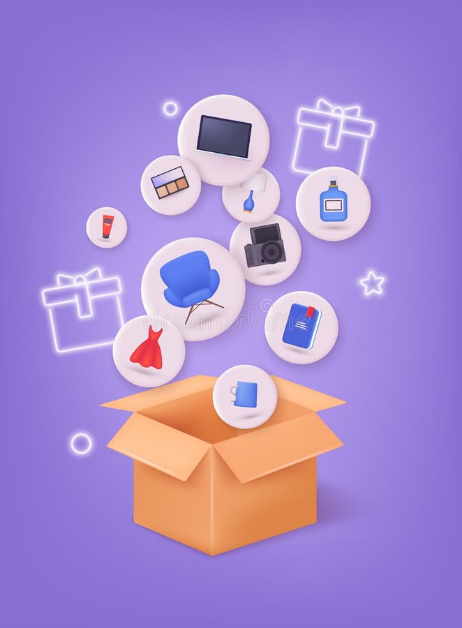 Cardboard Box with Shopping Items Flaying. Mobile Marketing and Digital ...