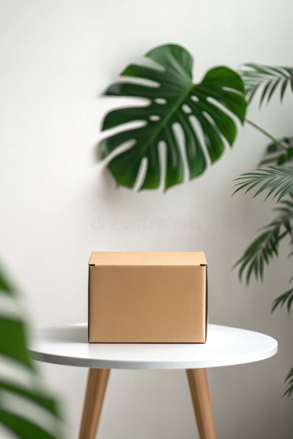 Cardboard Box on a Simple White Table Surrounded by Greenery in a ...