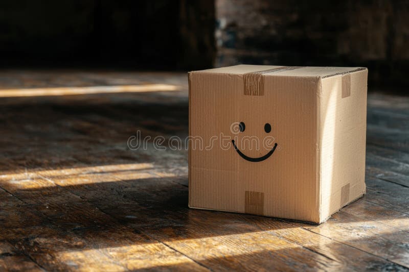 Cardboard Box with Smiley Face on Wooden Floor Stock Illustration ...