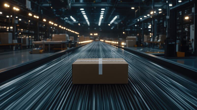 Cardboard Box with Sticker Rests on Conveyor Belt in Factory Focused on ...