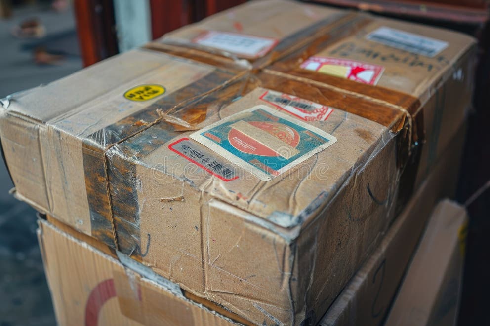 Cardboard Box with Stickers Stock Image - Image of container, returning ...