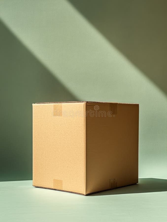 Cardboard Box with Strong Light and Shadow on Green Background. Stock ...