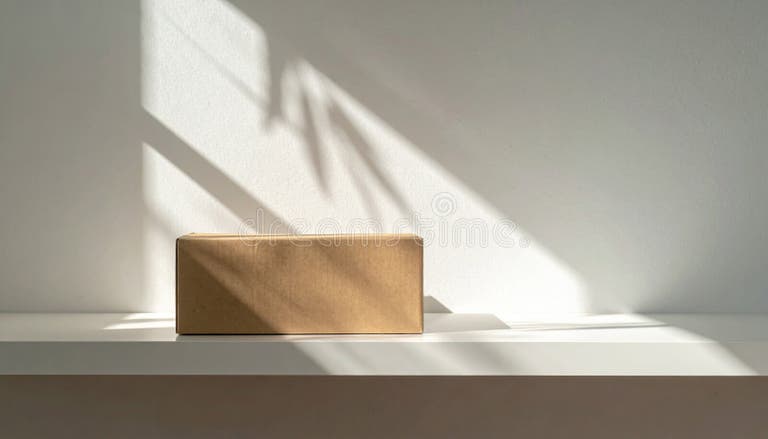 Cardboard Box with Sunlight and Shadow on White Surface and Background ...