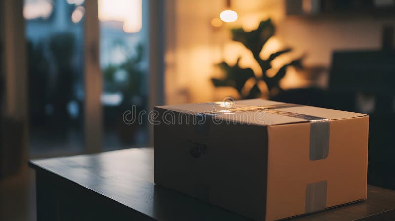 Cardboard Box on Table in Cozy Evening Living Room with Soft Lighting ...