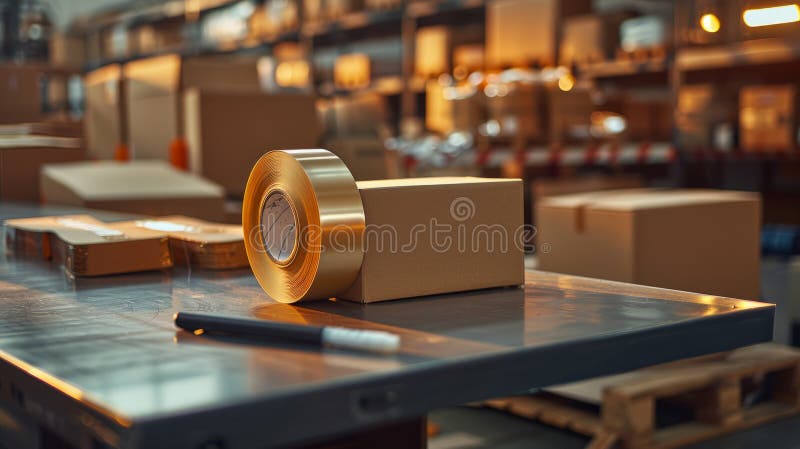 Cardboard Box and Tape Roll on Workbench in a Storage Warehouse. Stock ...