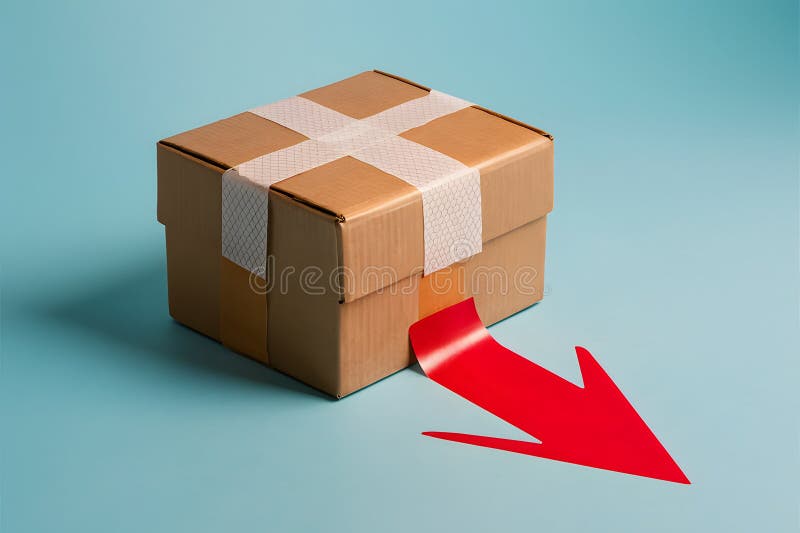 Cardboard Box with Tape Seal on Light Blue, Red Arrow Points Down Stock ...