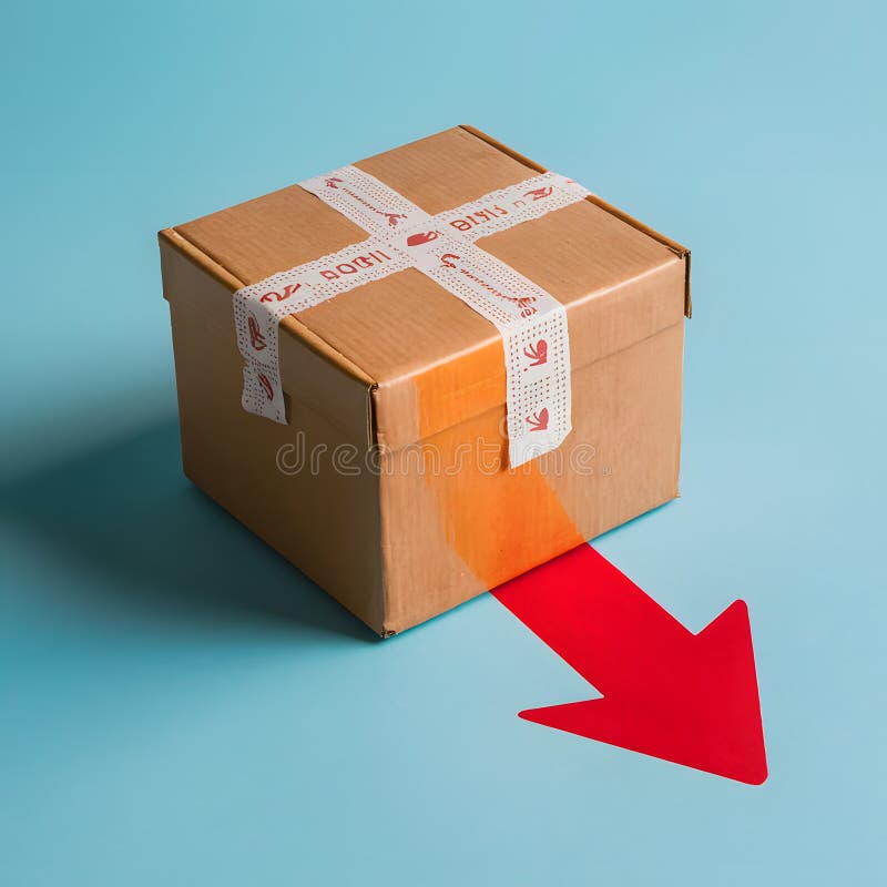 Cardboard Box with Tape Seal on Light Blue, Red Arrow Points Down Stock ...