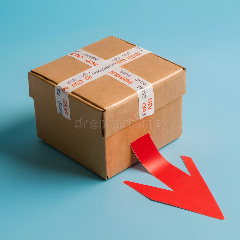 Cardboard Box with Tape Seal on Light Blue, Red Arrow Points Down Stock ...