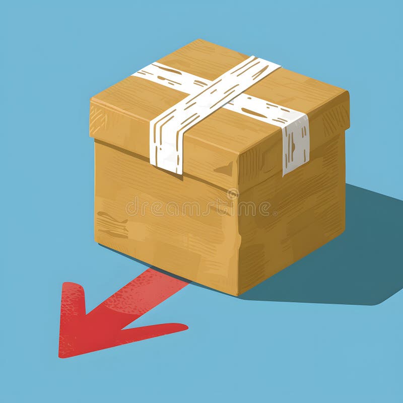 Cardboard Box with Tape Seal on Light Blue, Red Arrow Points Down Stock ...