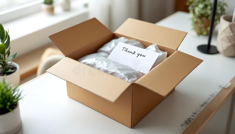 A Cardboard Box with a Thank You Note, Packaging and Delivery Concept ...