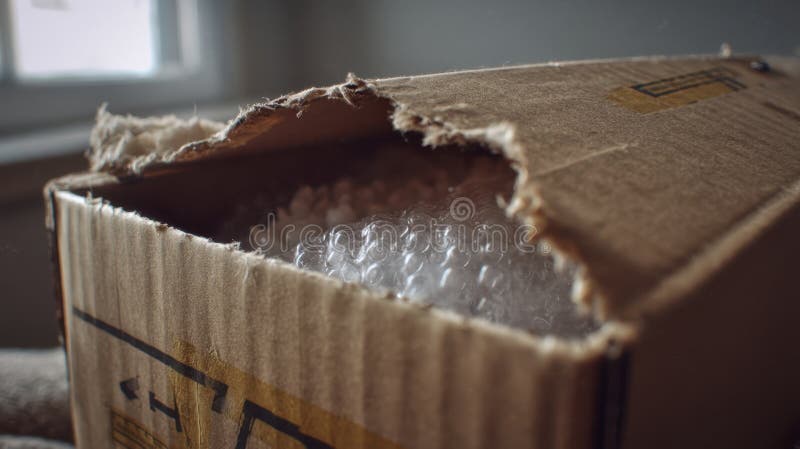 Cardboard Box with Torn Corner Revealing Bubble Wrap Indoors during ...