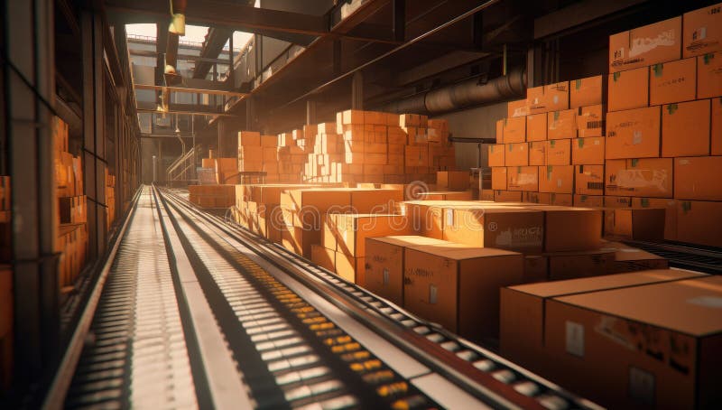 Cardboard Box Transported Along Conveyor in Factory. Generative AI ...