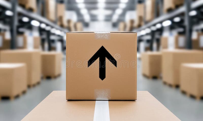 A Cardboard Box with an Upward Arrow Symbol in a Warehouse Setting ...