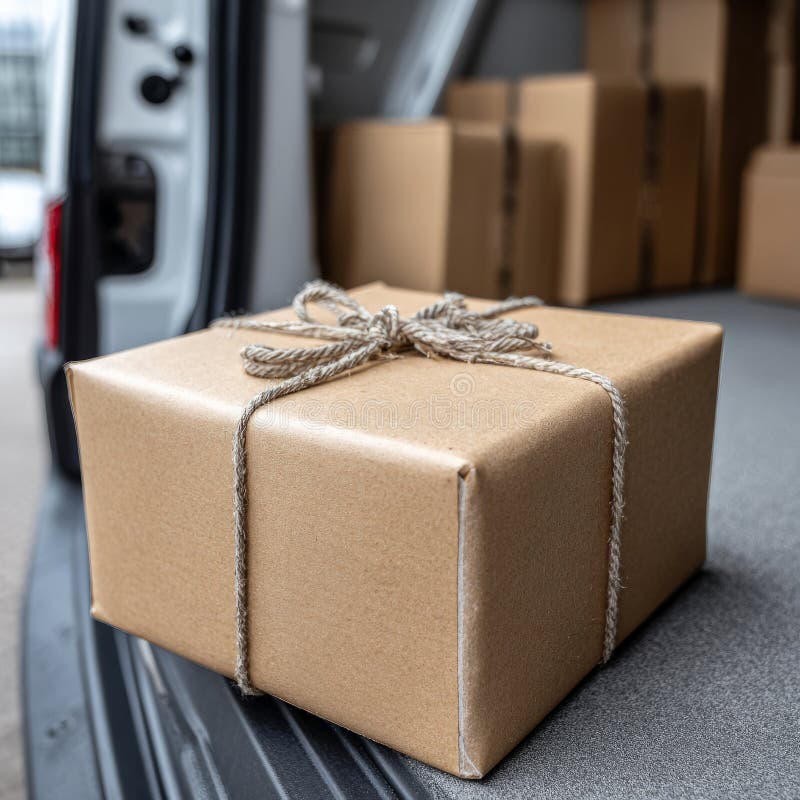 Cardboard Box on a Van S Cargo Area, Ready for Delivery. Stock Image ...